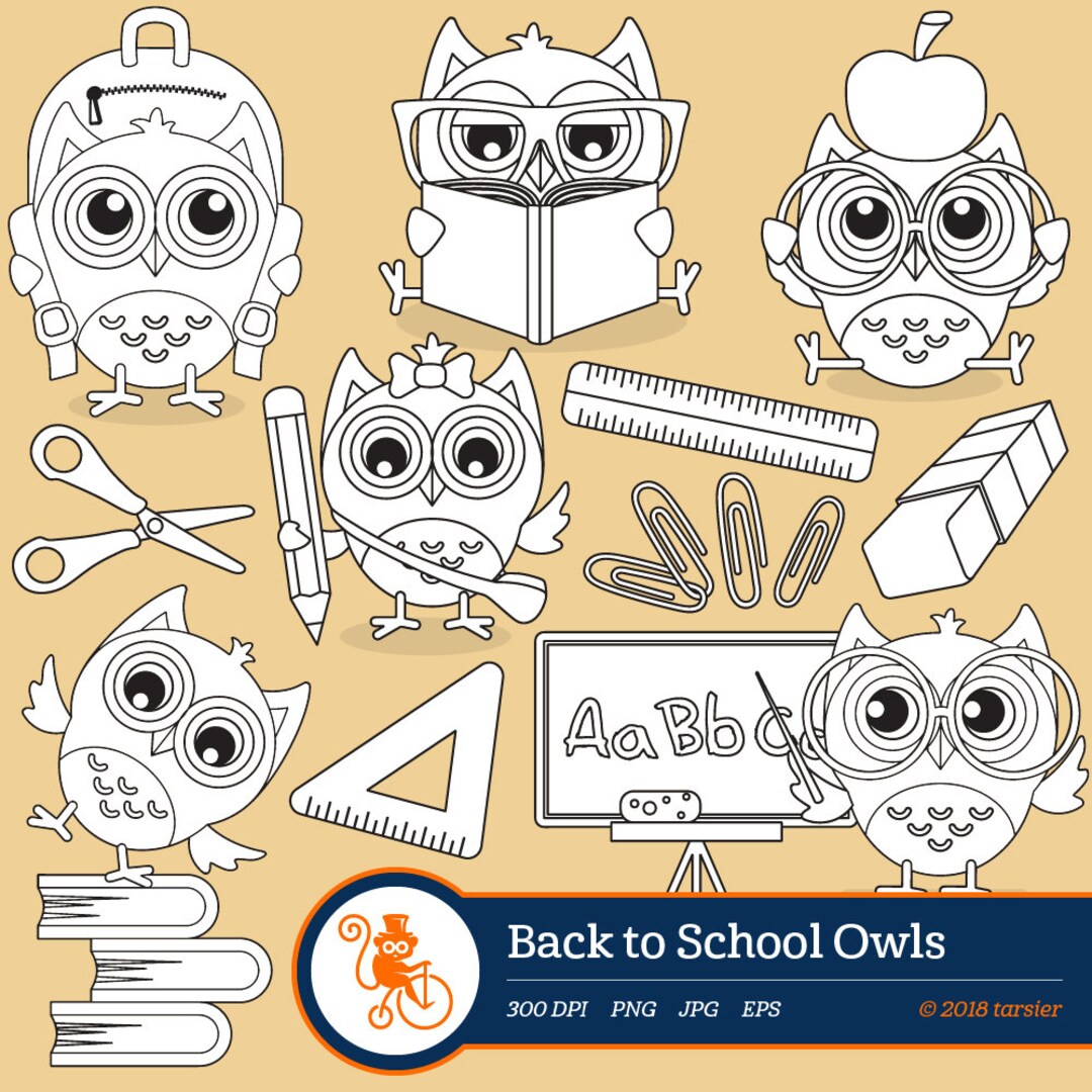 Back to School Owls Digital Stamp, Vector, Graphics, Digital Clip Art ...