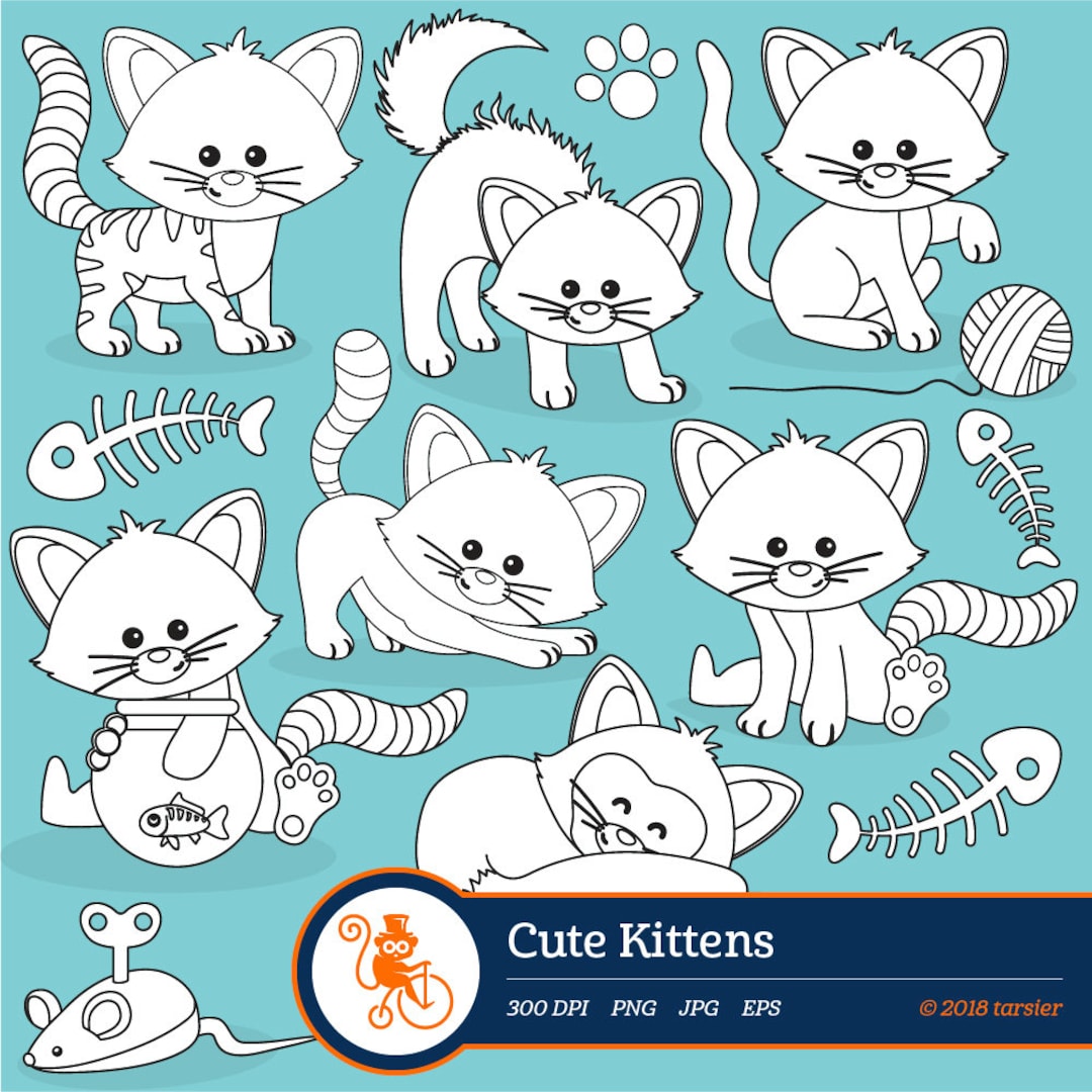 Cute Kittens Digital Stamp, Cat and Kittens Digital Stamp, Cats Vector ...