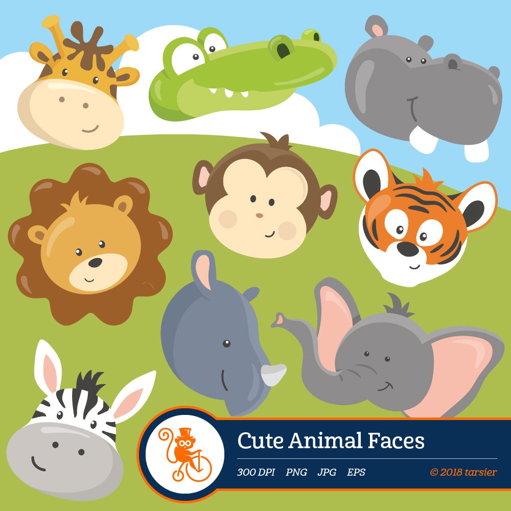 Cute Animal Faces Clipart, Jungle Animals Faces Clipart, Animals Faces ...