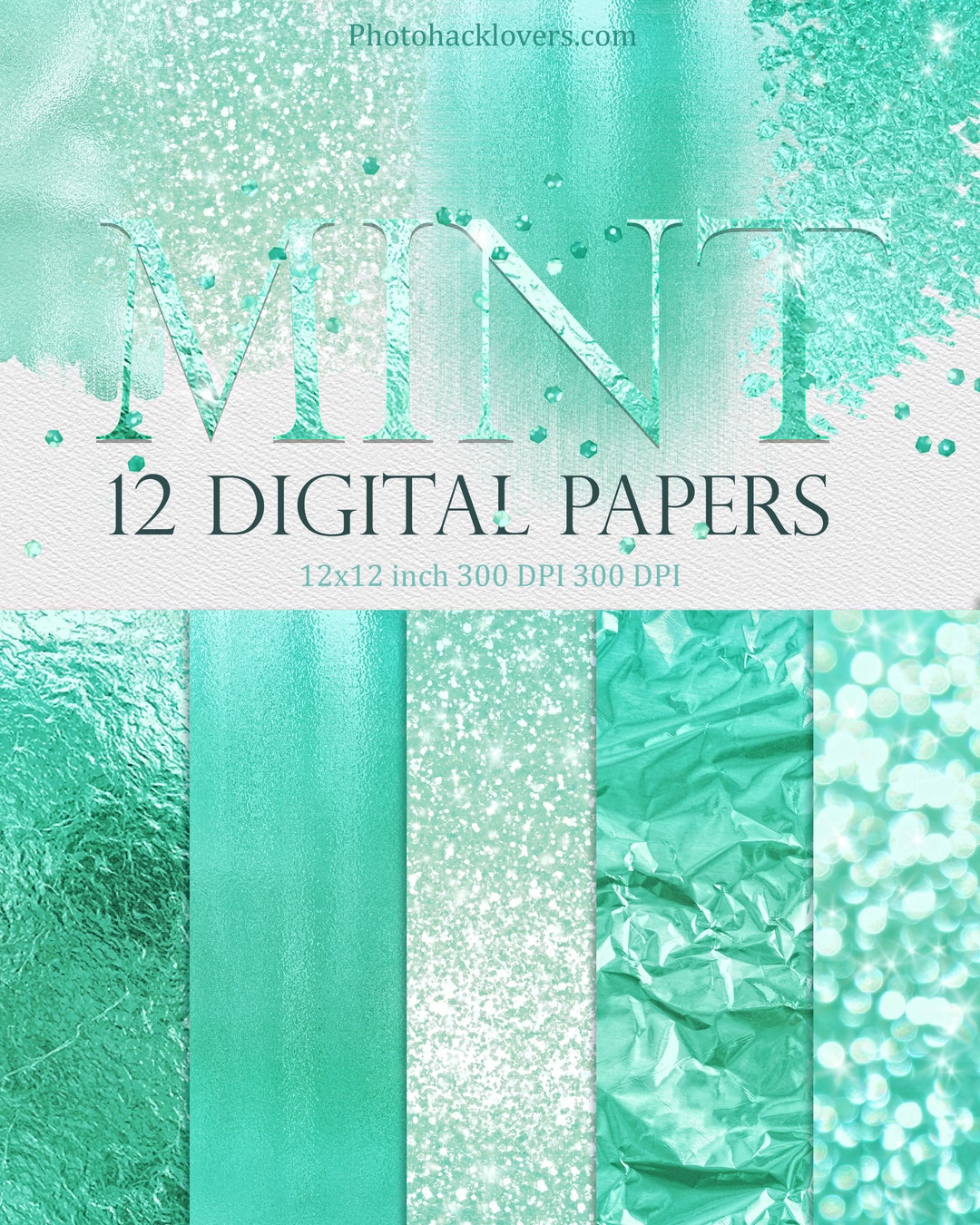 Mint Green Digital Paper - Aqua Mint Digital Paper - Glitter Digital ...
