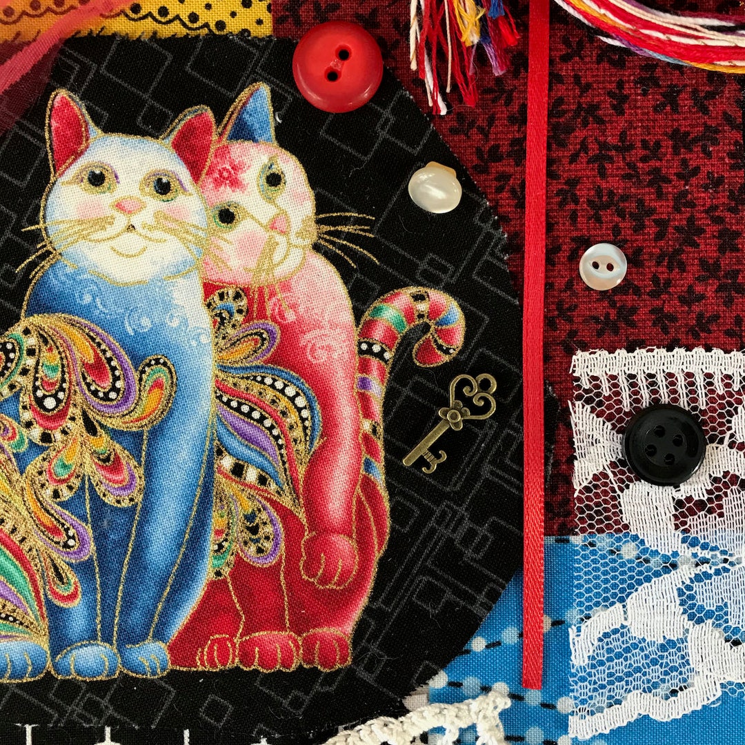 Slow Stitch Kit Red Blue Cat Kitty Junk Journal Mixed Media Fabric Art ...