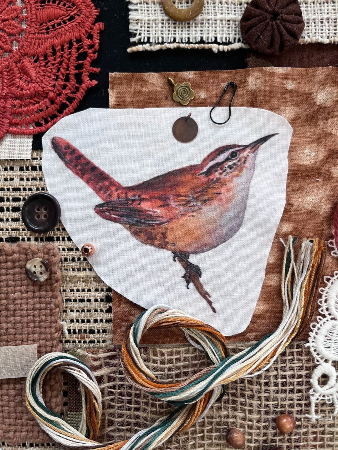 Carolina Wren Bird Slow Stitch Kit Fabric Pack Hand Stitching Junk ...