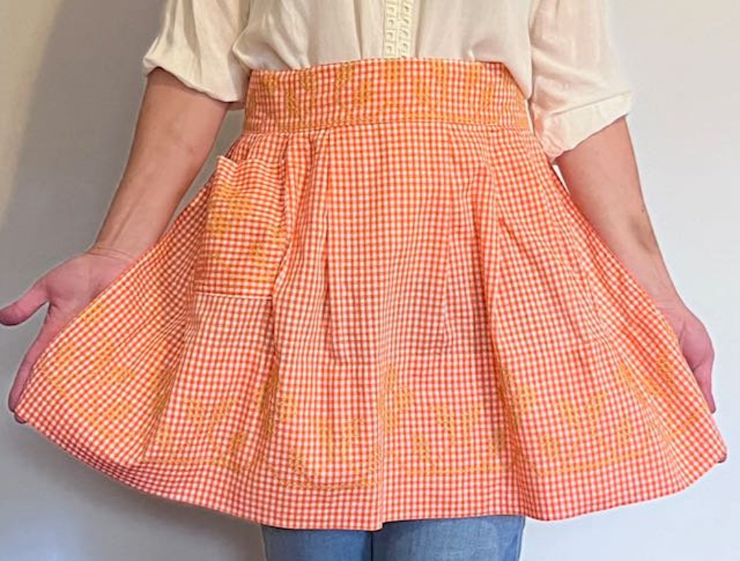 Sunny Orange Gingham Chicken Scratch Apron Half Length Vintage ...