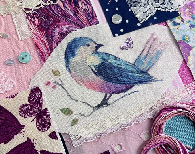 Pink Purple Blue Bird Slow Stitch Kit Fabric Pack Hand Stitching Junk ...
