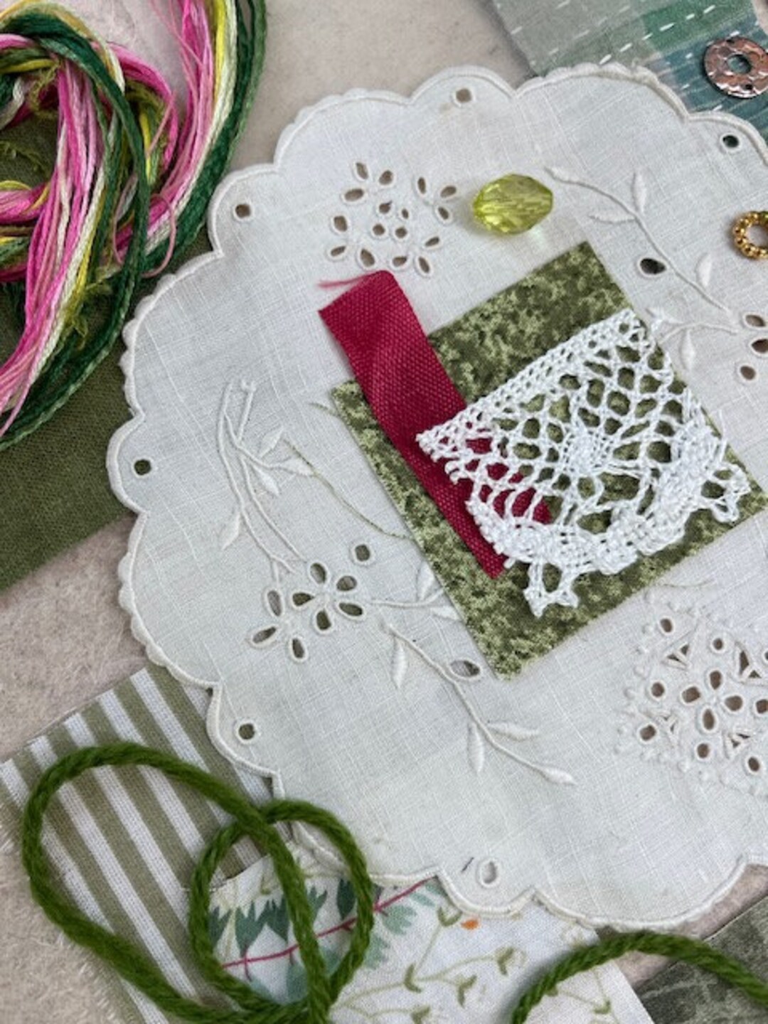 Vintage Circle Doily Green Slow Stitch Fabric Pack Bundle Art Collage ...