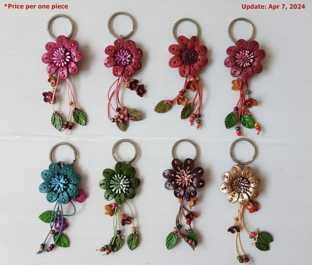 Genuine Leather Handcraft Keychain Women Fashion Flower Keyring Purse ...