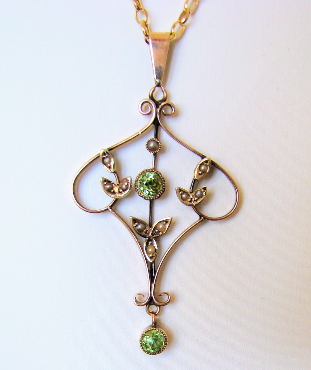 Edwardian 9ct Gold Peridot and Seed Pearl Lavaliere/pendant on Gold ...