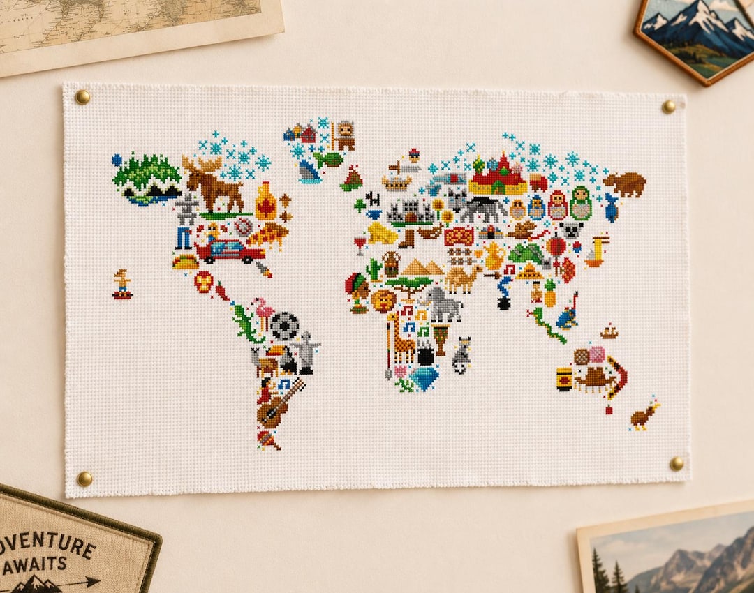 World Map Cross Stitch PDF | Global Icon Sampler | Easy Travel ...