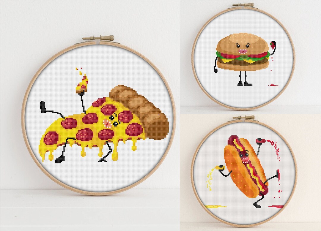 Food Fight Cross Stitch Pattern Set: Pizza, Burger, Hot Dog (PDF ...