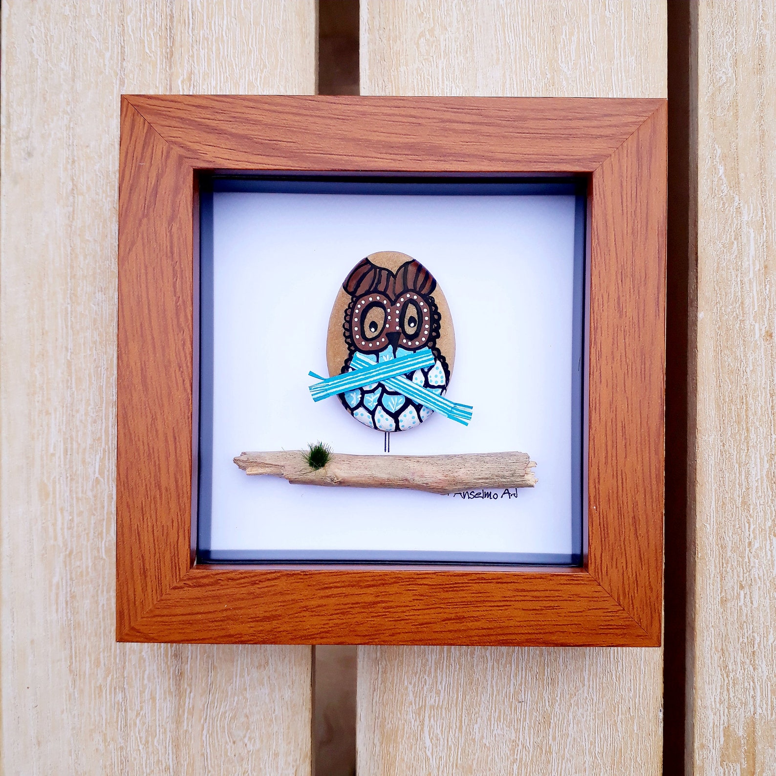 Owl Picture, Owl Gift, Owl Framed Picture, Framed Owl Pebble Picture ...