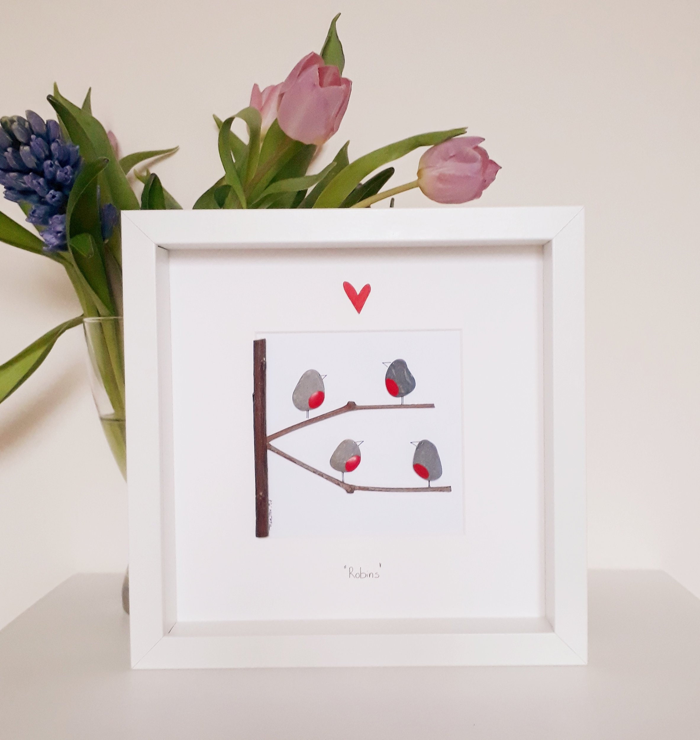 Robins Pebble Picture, Robin Family, Framed Pebble Art, Birthday Gift ...