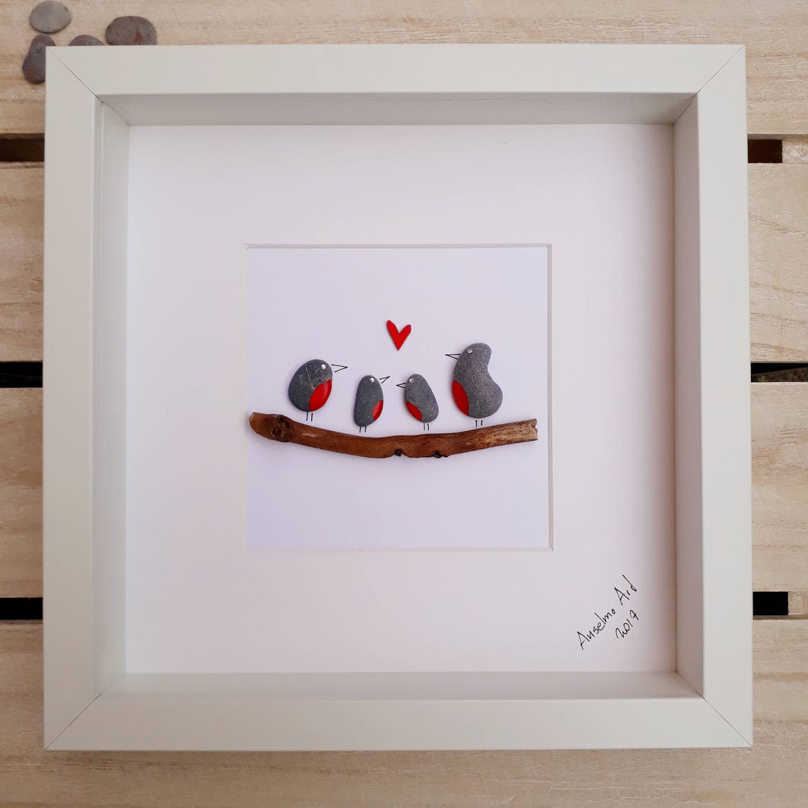Robin family pebble picture Framed pebble art Birthday gift | Etsy
