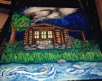 Log cabin painting | Etsy