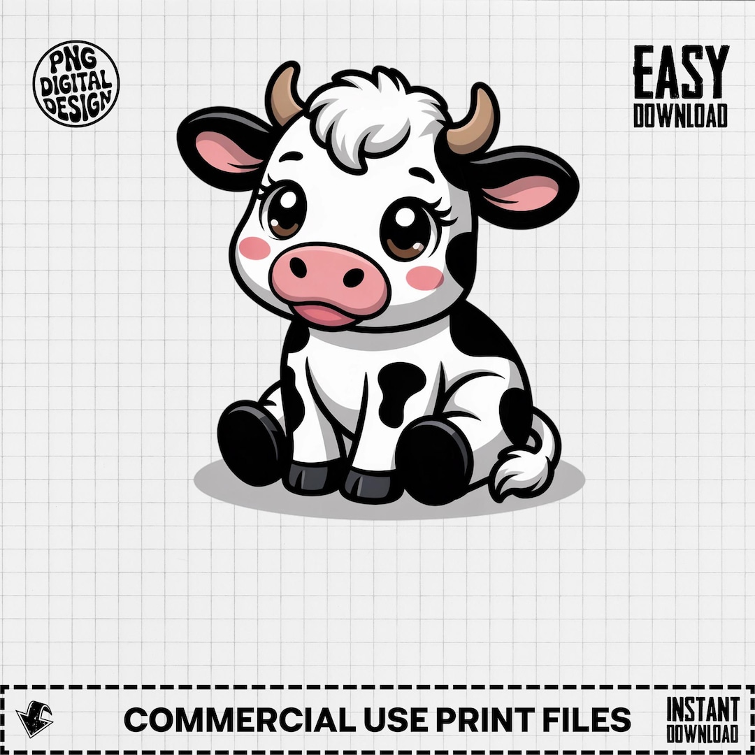 Cute Cow Digital PNG, Cartoon Animal Art, Kawaii Clipart Download, Farm ...