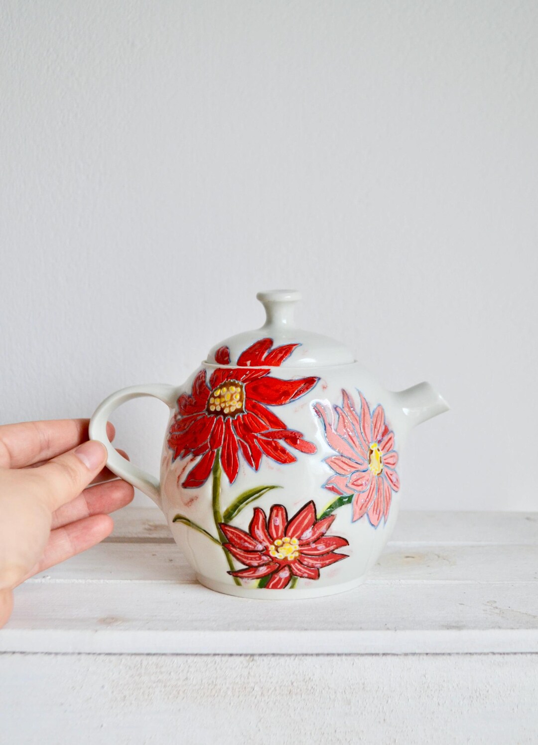Custom Porcelain Flower Teapot-handmade Pottery Teapot-red Flower Art ...