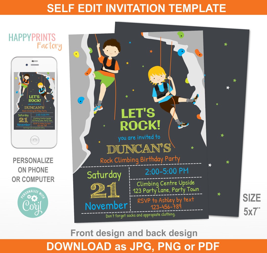 Rock Climbing Party Invitation, Climbing Invitation, Boys, Climbing ...