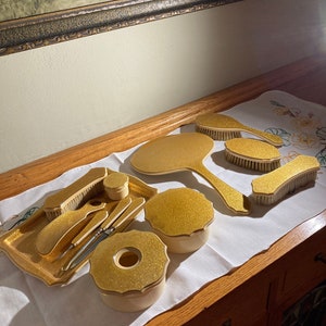 Vintage Gold Aleur, 26 Piece, Gold Sparkle and Ivory Celluloid Dresser ...