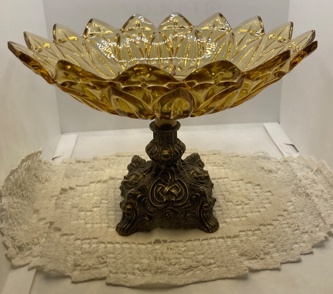 Amber, Glass, Compote, With Brass Base, Vintage Candy Dish, Brass Decor ...