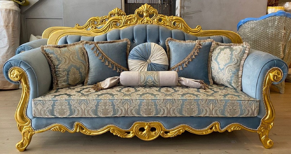 Casa Padrino luxury baroque sofa light blue beige gold Magnificent living room sofa with elegant pattern and rhinestones Baroque style living