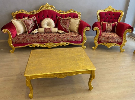 Red and gold sofa set store