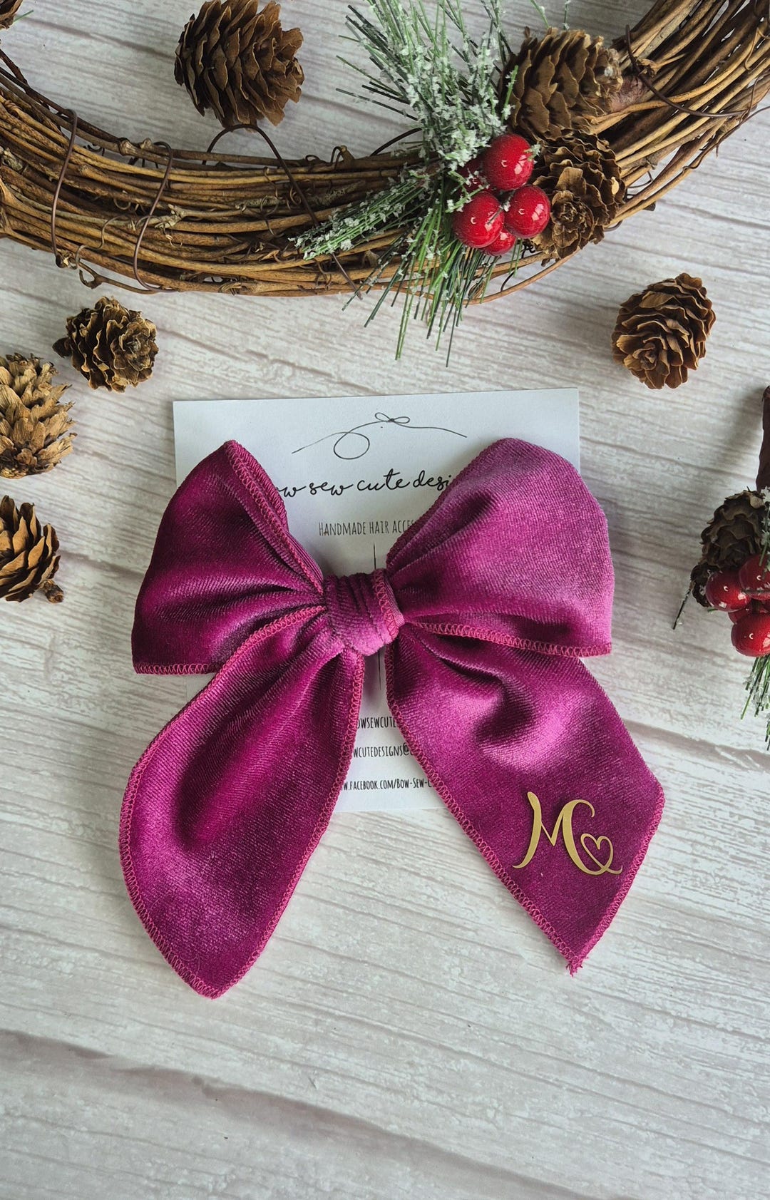 Personalised Pink Velvet Bow, Initial Velvet Bow, Magenta Velvet Bow ...