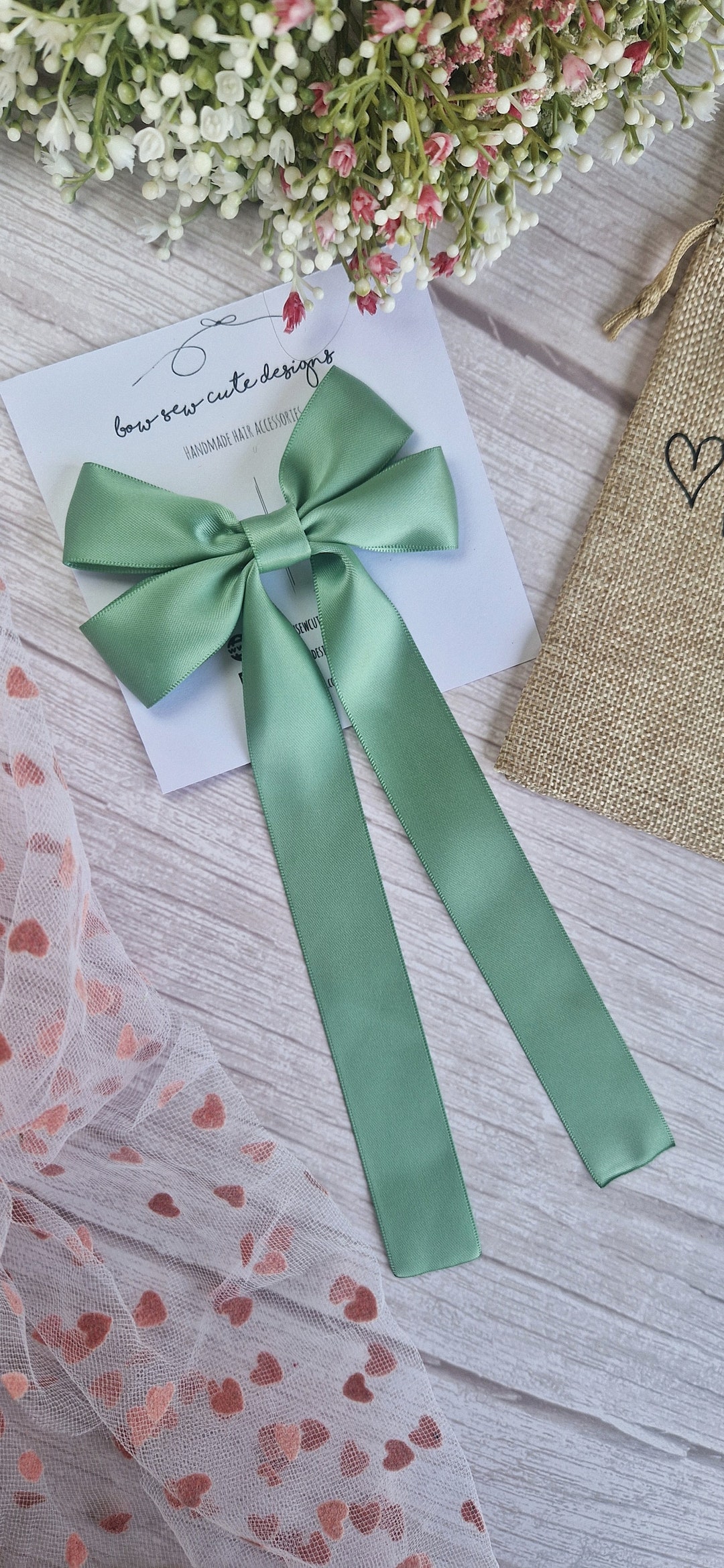 Sage Green Satin Bow, Adult Hair Accessories, Satin Hair Ribbon, Long ...