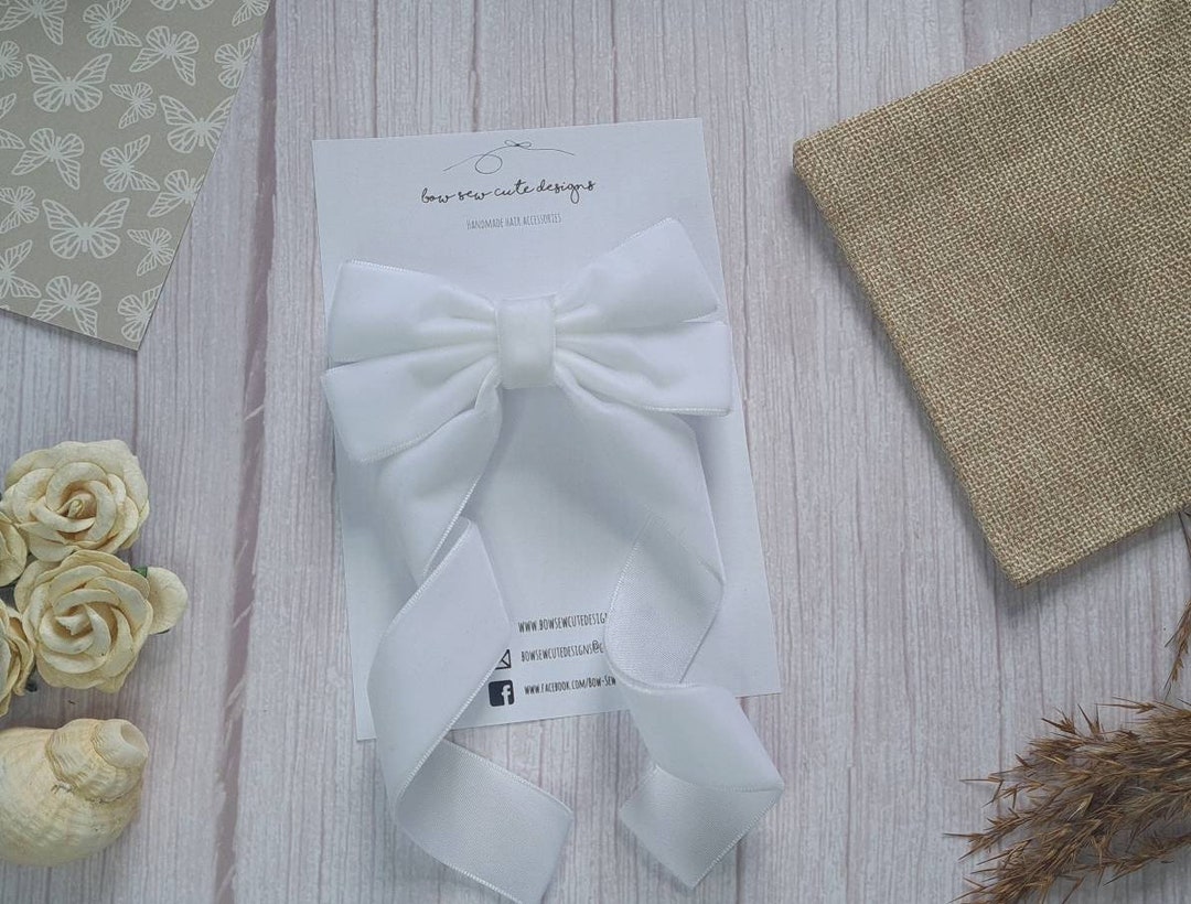White Velvet Bow, Long Ribbon Adult Hair Accessories, Wedding Bow ...