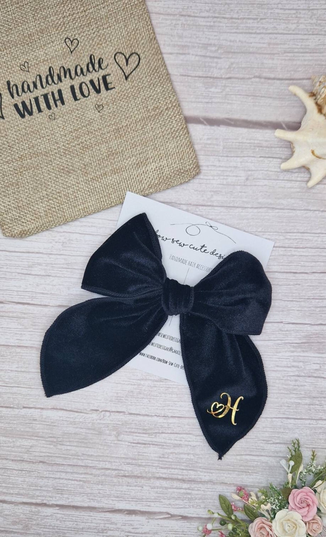 Personalised Black Velvet Bow, Initial Velvet Bow, Black Velvet Bow ...