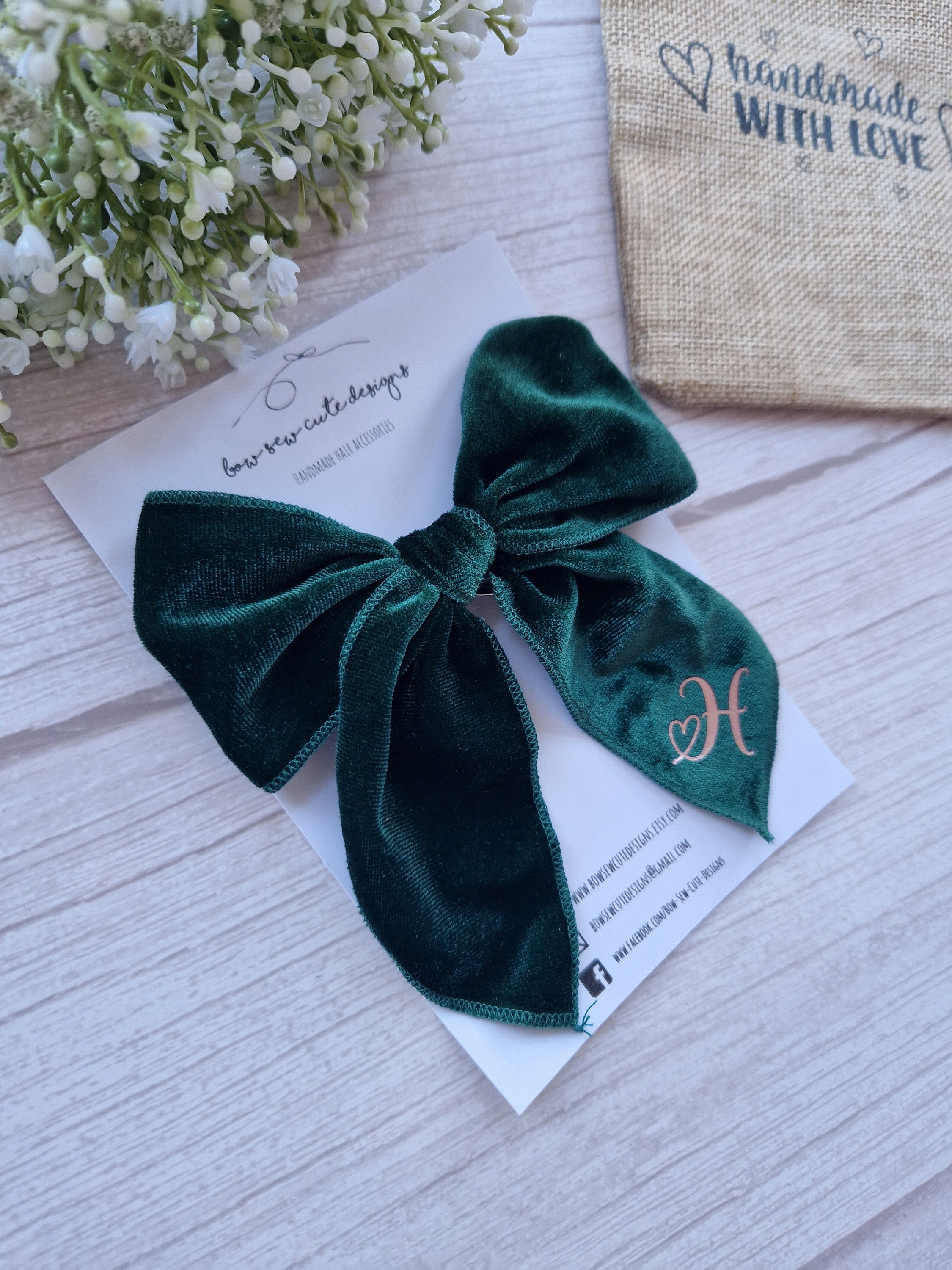Personalised Green Velvet Bow, Initial Velvet Bow, Green Velvet Bow ...