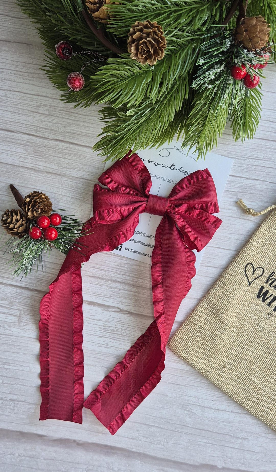 Red Long Tail Ruffle Ribbon Bow, Adult Hair Accessories, Satin Ruffle ...