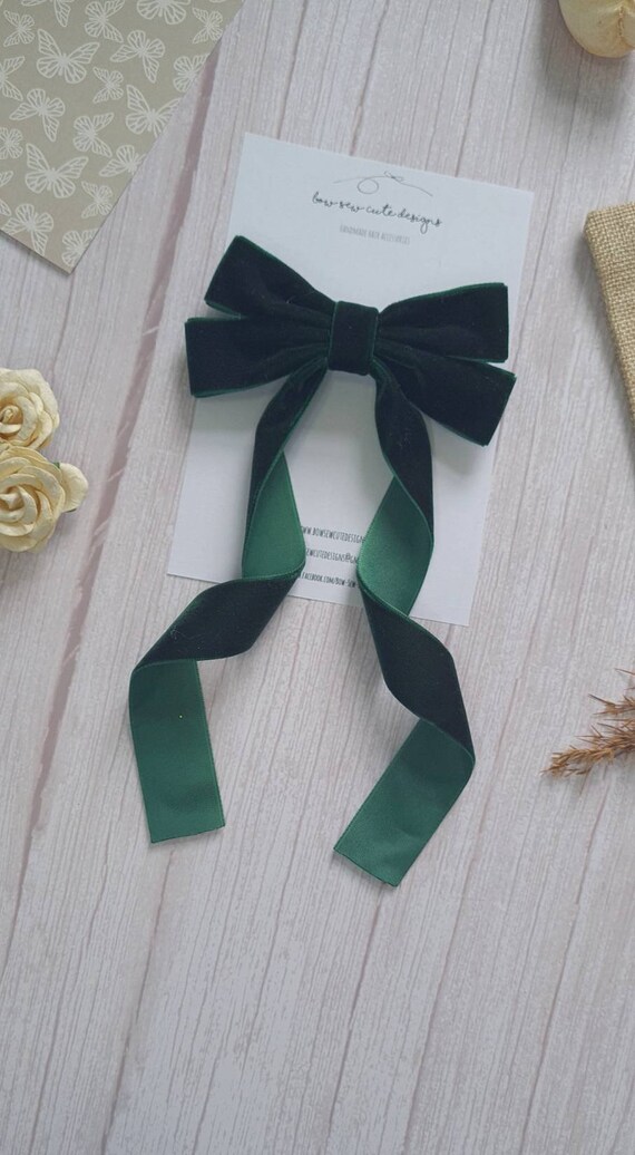 Dark Green Long Tail Velvet Ribbon Bow Emerald Green Bow - Etsy
