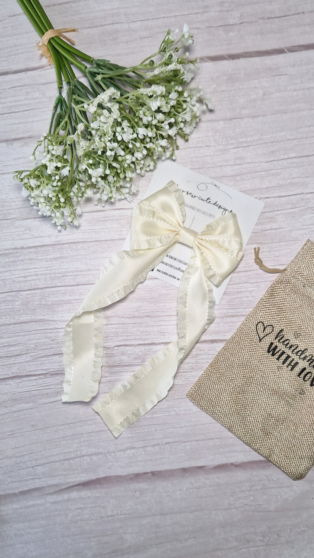 Ivory Long Tail Ruffle Ribbon Bow, Adult Hair Accessories, Satin Ruffle ...