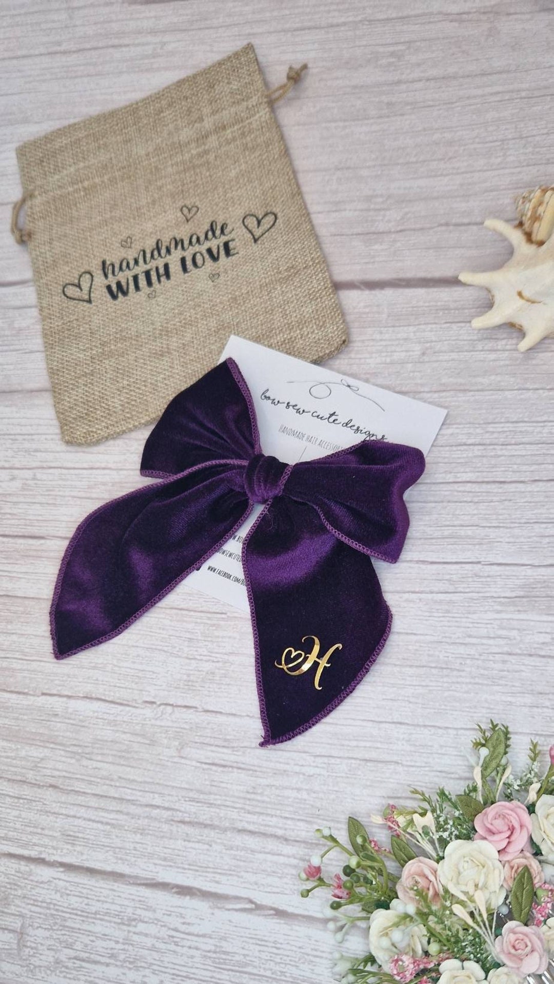 Personalised Purple Velvet Bow, Initial Velvet Bow, Purple Velvet Bow ...