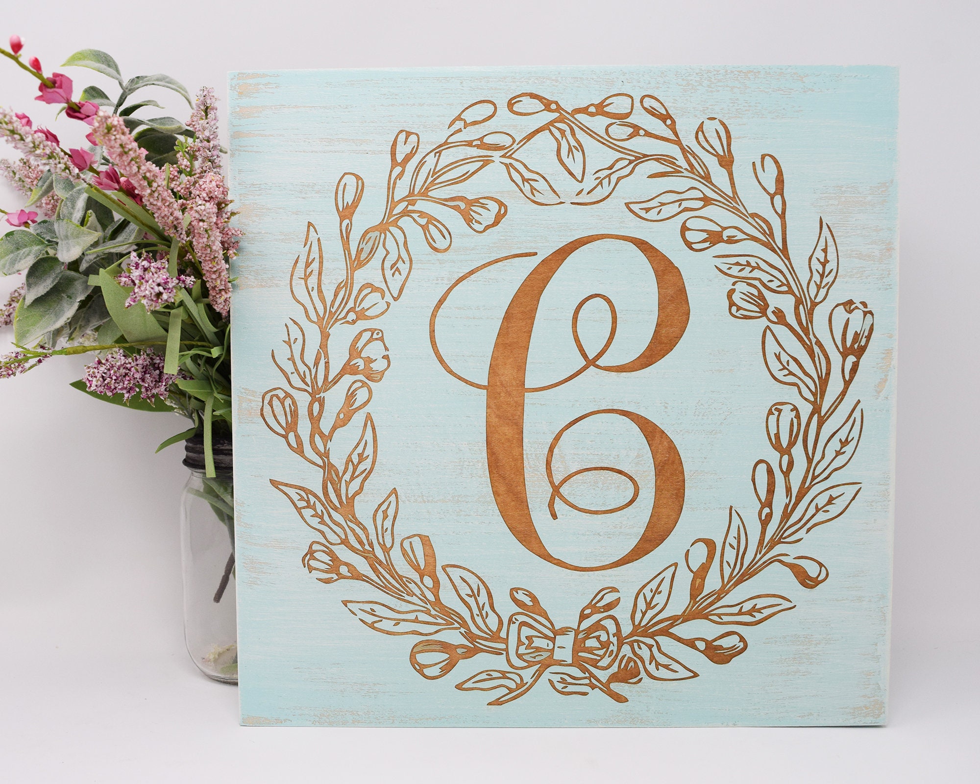 Custom Monogram Initial in Wreath 7x7, 10x10 12x12, 15x15, 20x20, 25x25 ...