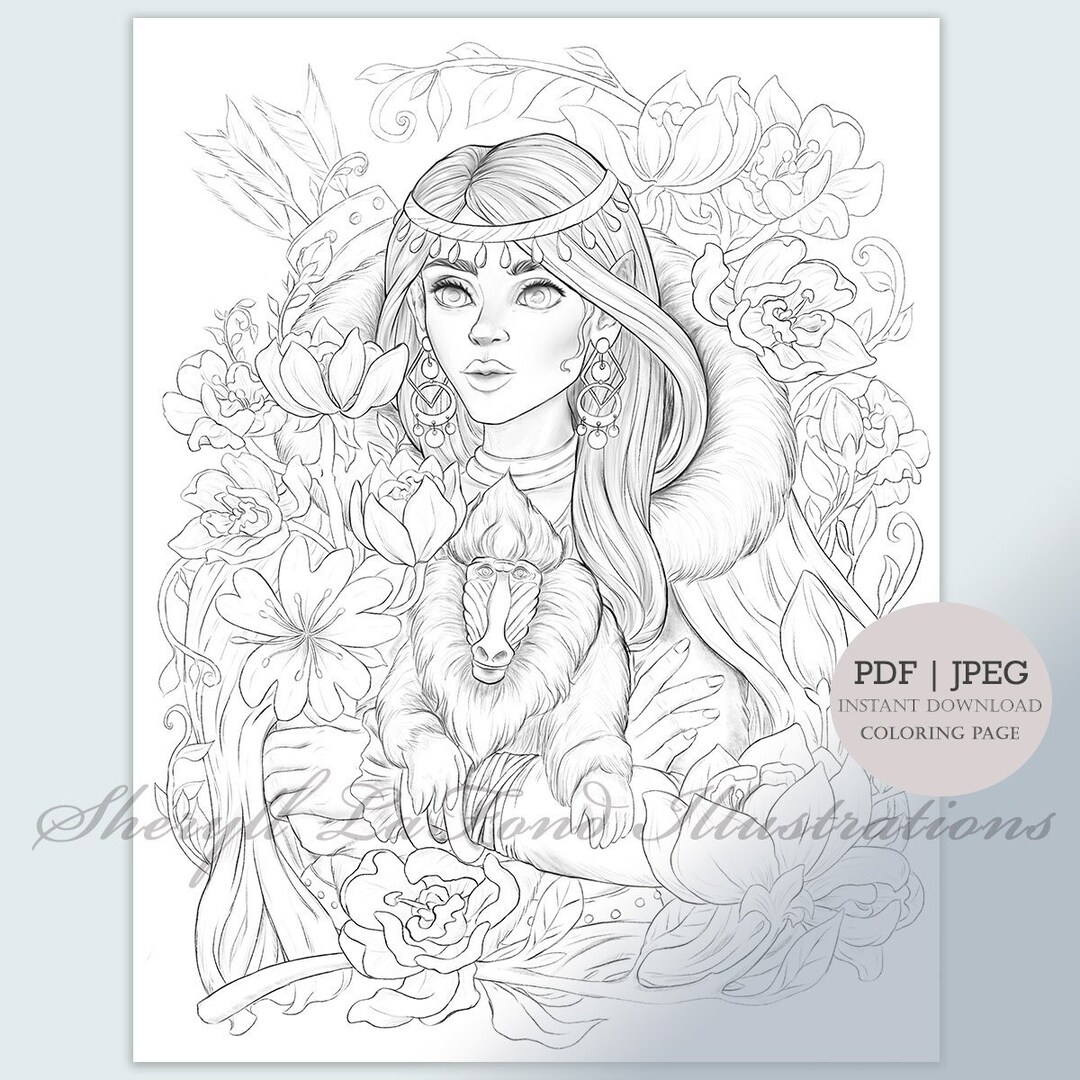 Beautiful Portrait Tribe Princess With Baboon Printable Coloring Page ...