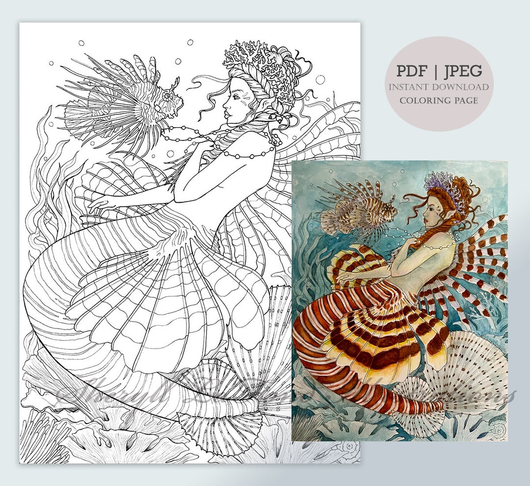 Lion Fish Tribe Mermaid Underwater Fantasy Printable PDF | JPG Coloring ...