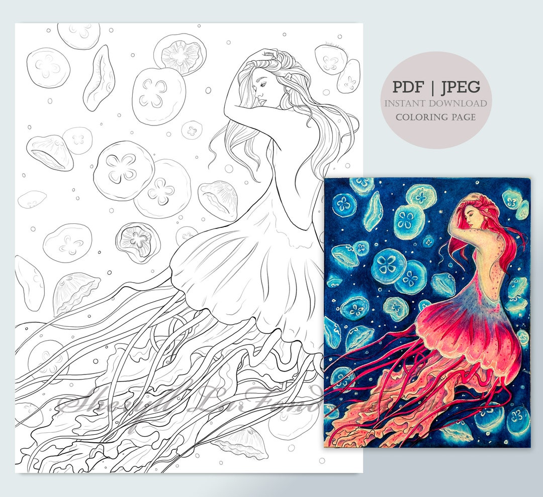 Jelly Mermaid Underwater Fantasy Printable Coloring Page - Etsy