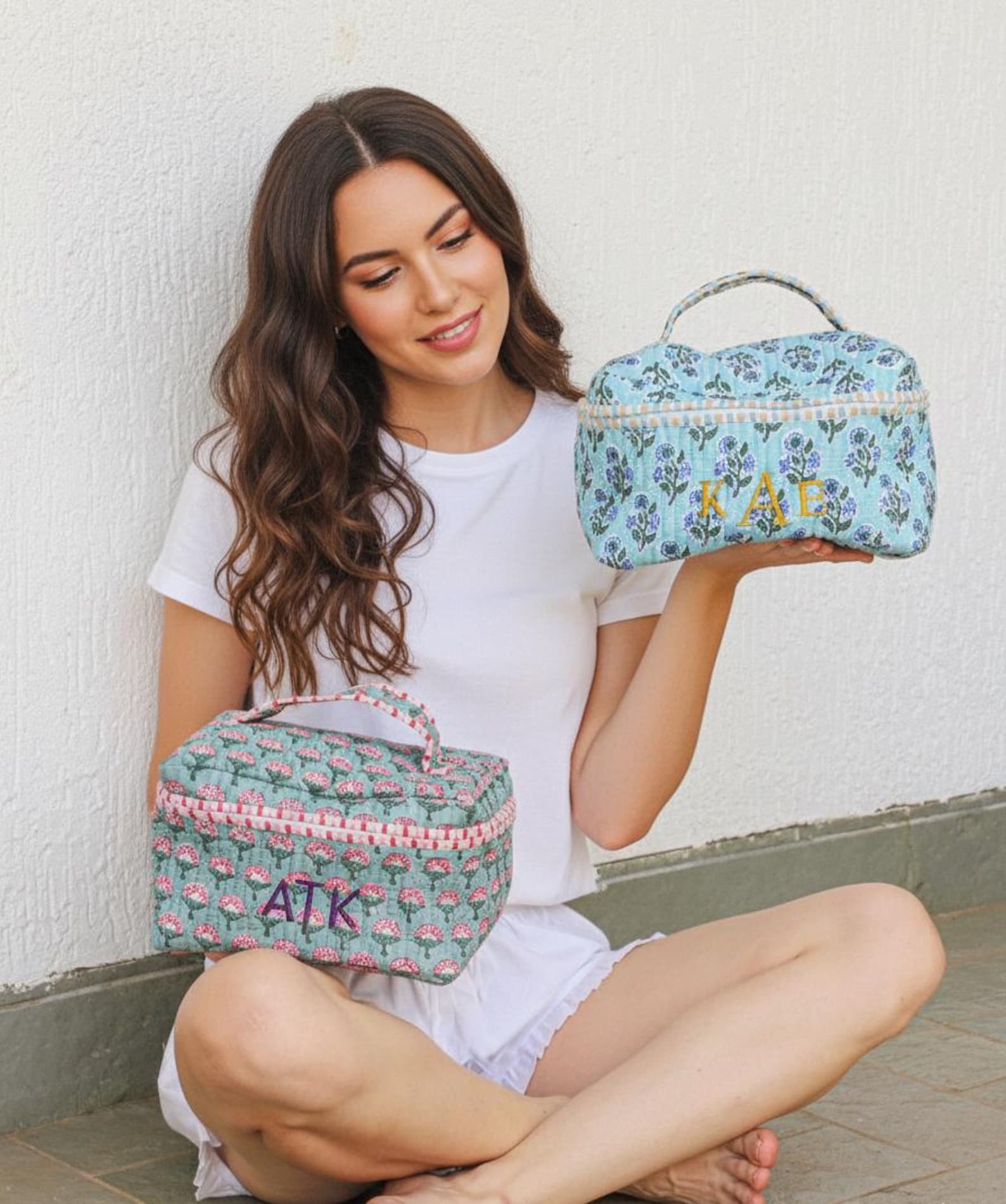 Monogram Quilted Train Case: Boho Floral Print, Personalized Cosmetic ...
