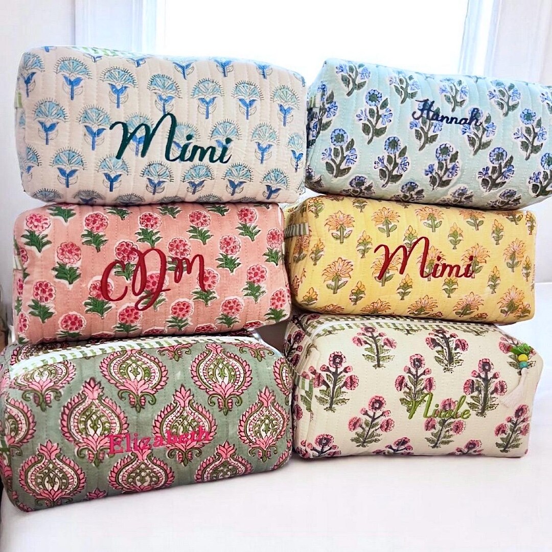 Personalized Makeup Bag Block Print Cosmetic Pouch Quilted Toiletary ...