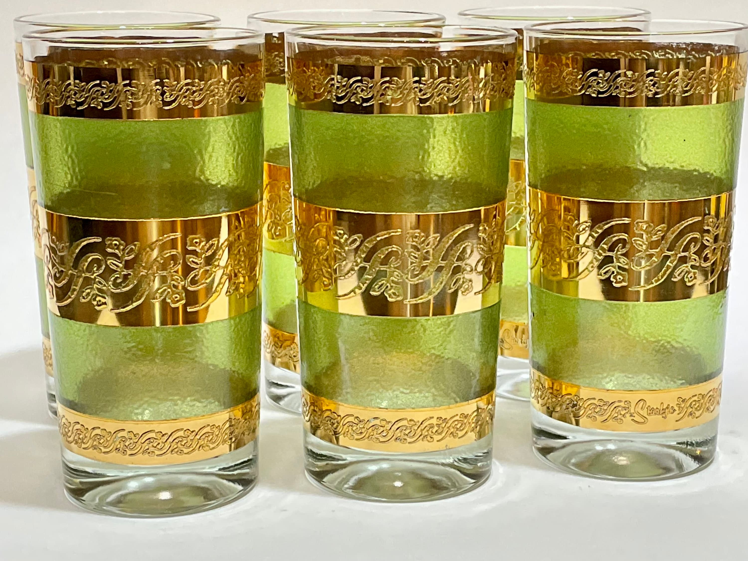 Vintage Starlyte Green & Gold Banded Highball Tumbler Glass Set of 6 ...