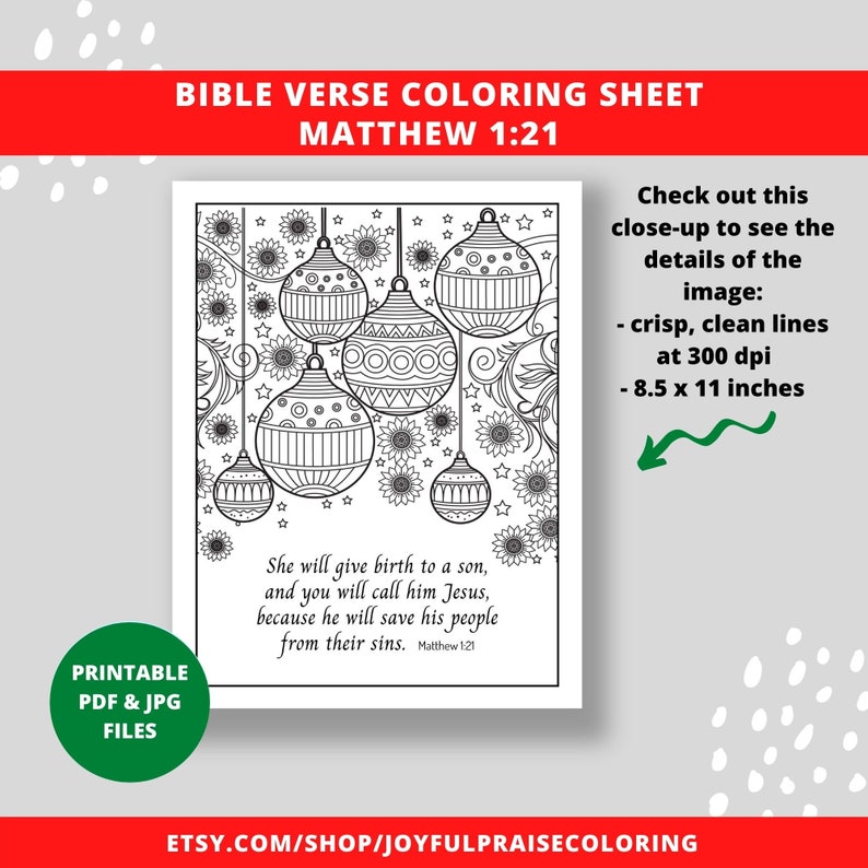 Matthew 1:21 Bible Verse Coloring Page, Christmas Ornaments (PDF) - Etsy