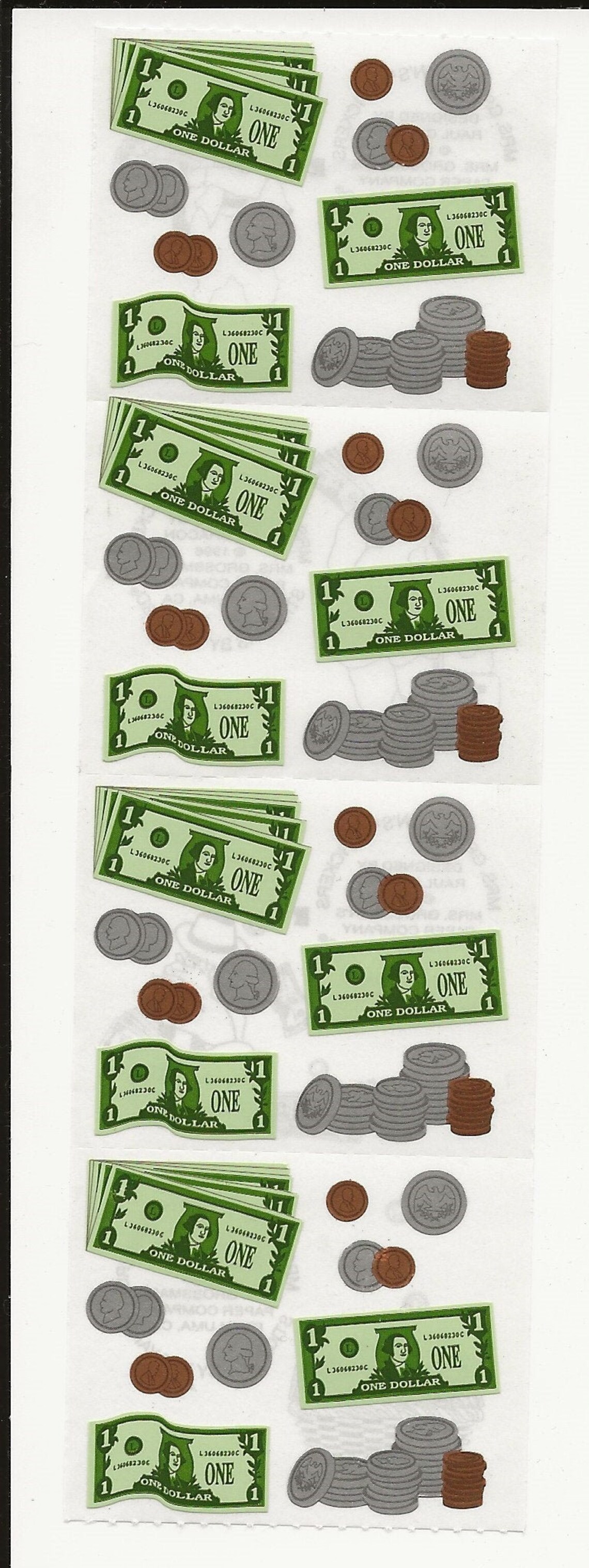 Mrs. Grossman's Stickers ~ Money ~ Paper Ones ~ Coins ~ Nickels ~ Dimes ...