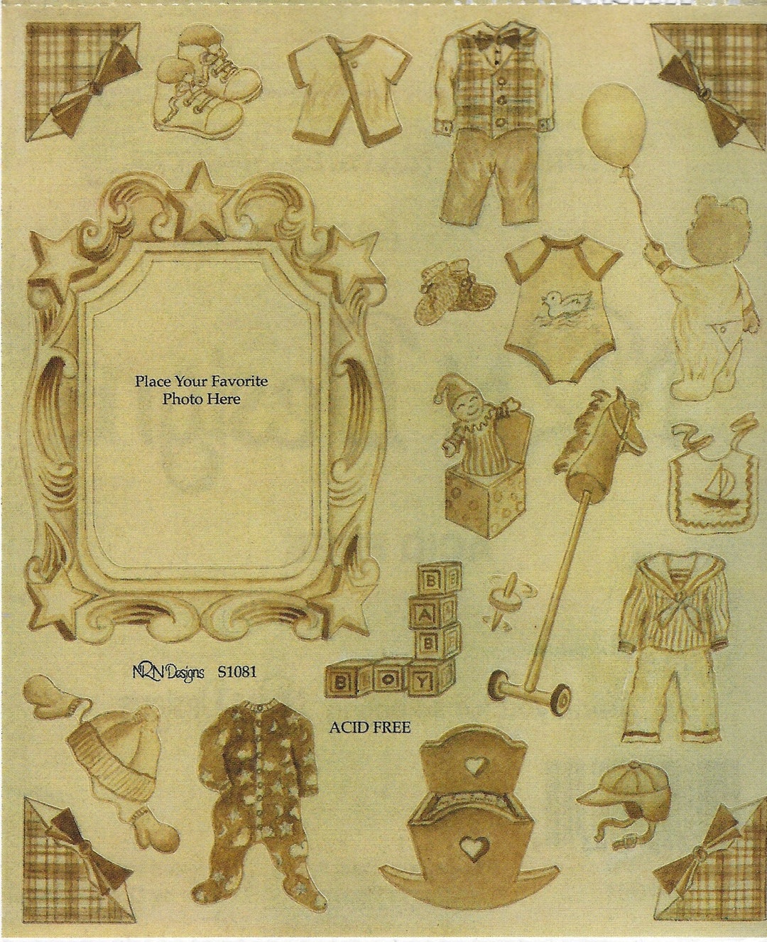 Sepia Tone Baby Boy Stickers ~ Vintage Style ~ Cradle ~ Bear With ...