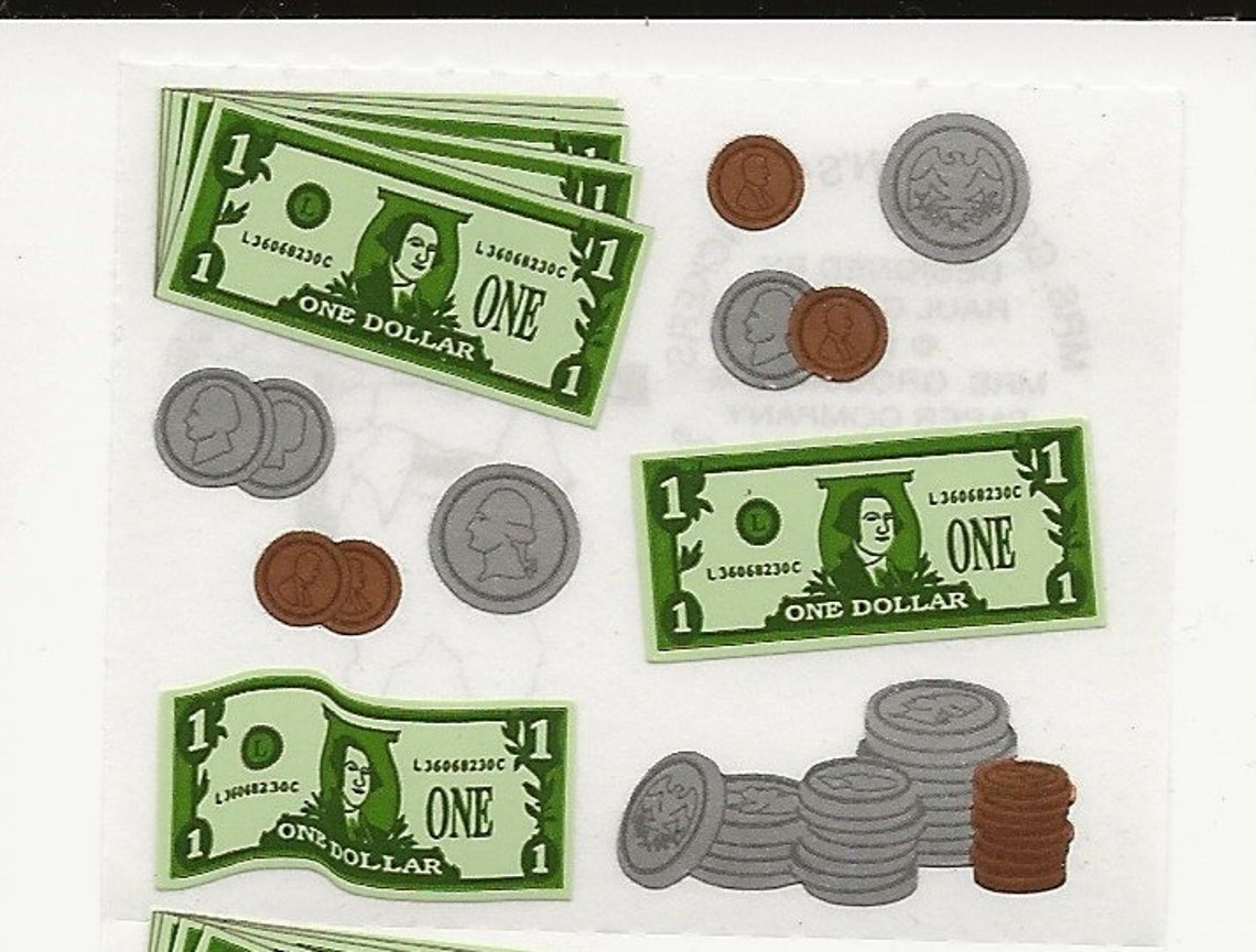 Mrs. Grossman's Stickers ~ Money ~ Paper Ones ~ Coins ~ Nickels ~ Dimes ...