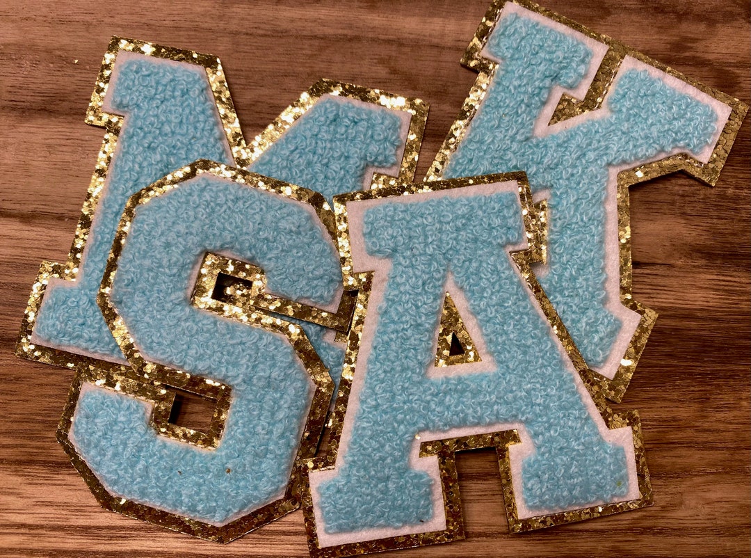 High Quality Chenille Glitter Varsity Letters Patches Iron on Sew Gold ...