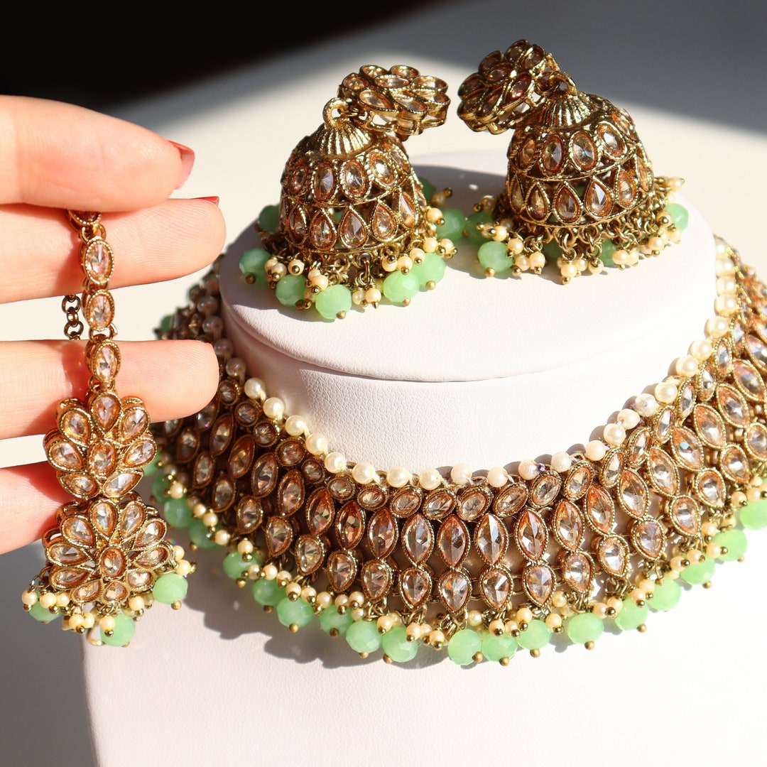 Ravishing Mint Sage Green Indian Punjabi Earrings, Necklace & Tikka ...