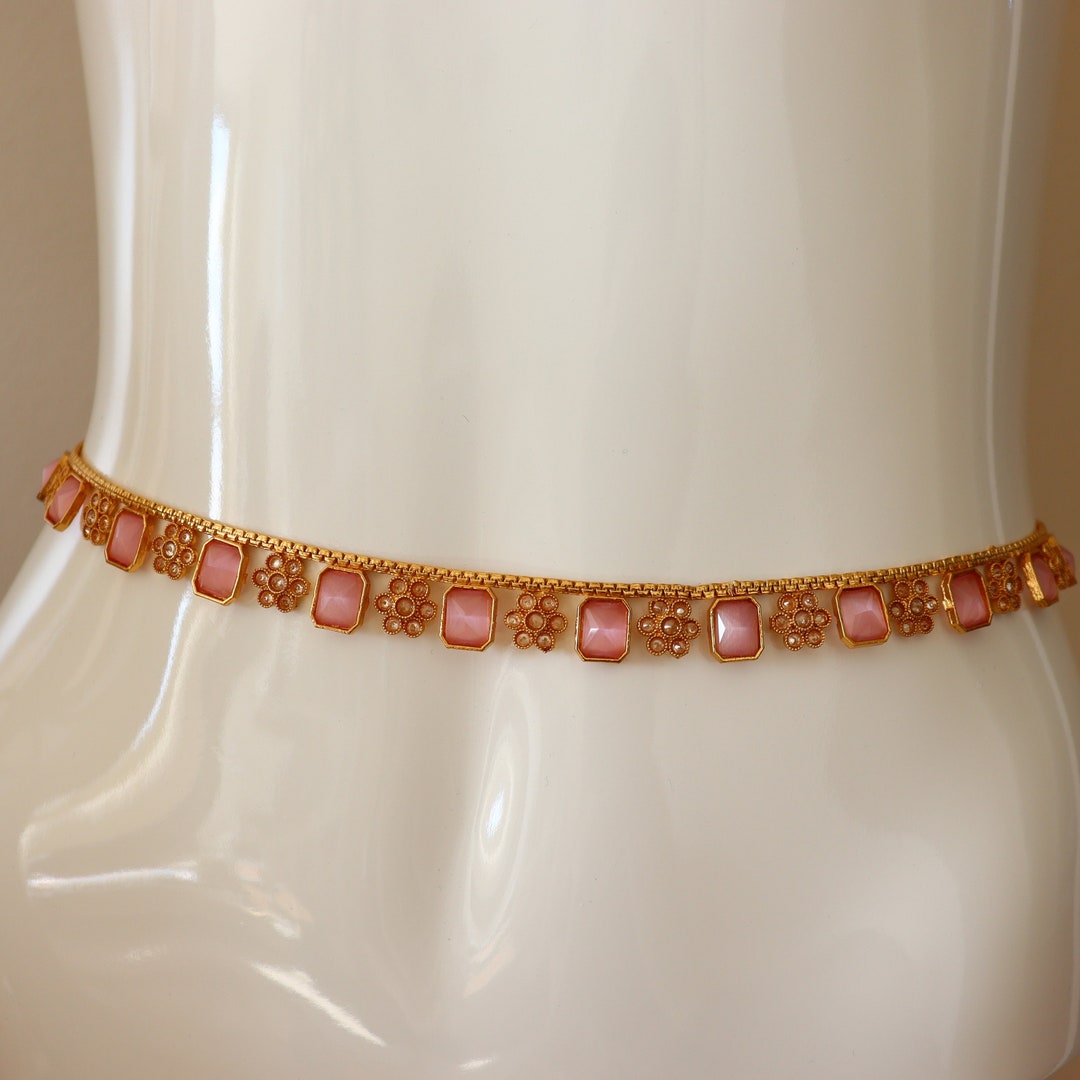 Pink Floral Gold Indian Gold Plated Waist Belt | Lehenga Saree Belly ...