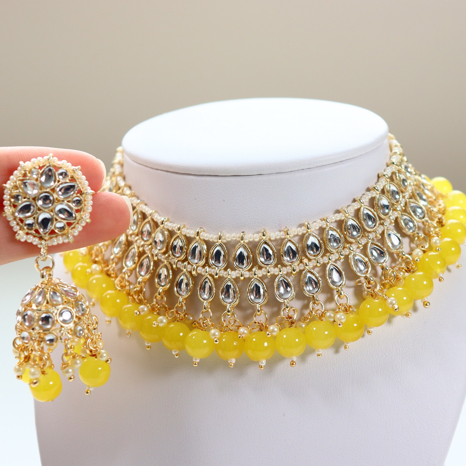 Rain Drop Lemon Yellow Floral Indian Gold White Jewelry Set | Jhumkis ...