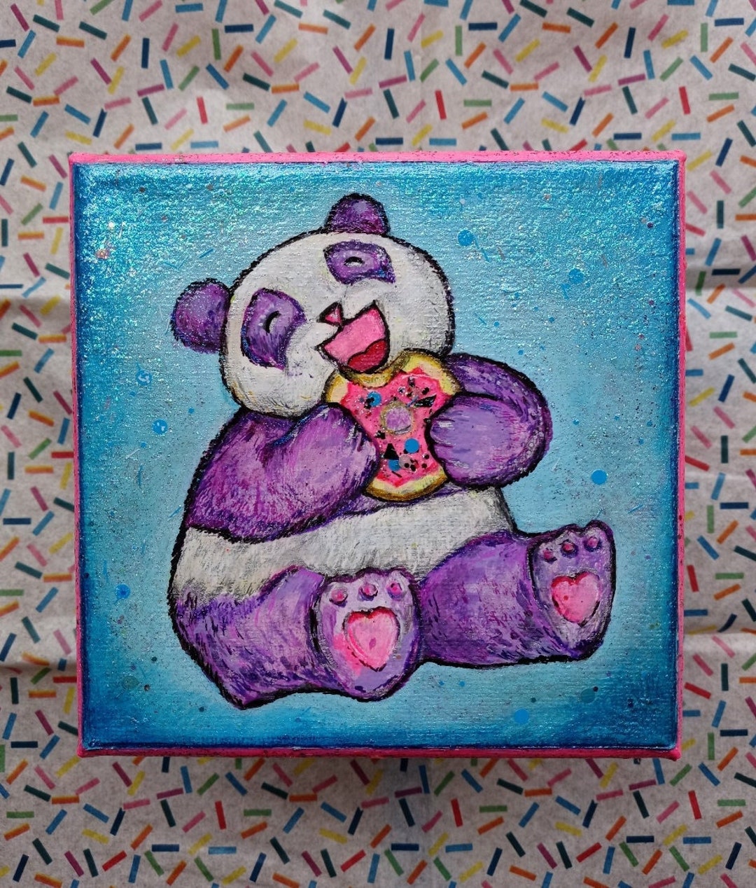 Panda and a Pink Sprinkle Donut Acrylic Painting on 5x5 in Canvas - Etsy