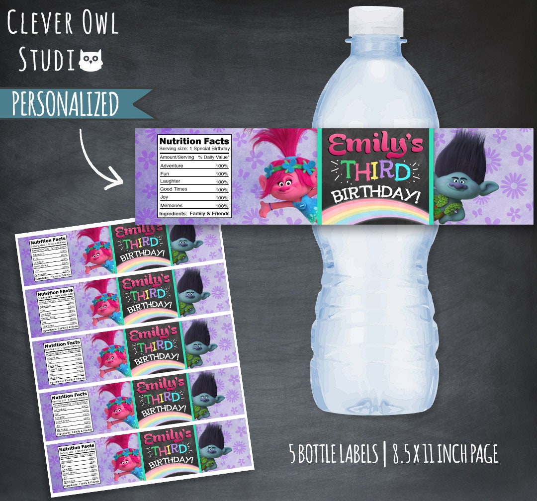 Trolls Bottle Labels, Trolls Birthday Bottle Labels, Trolls Birthday ...